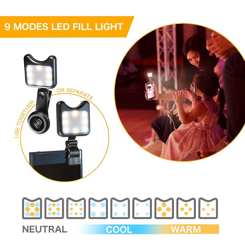 Cell Phone Camera Lens Kit with Clip-On LED Selfie Light
