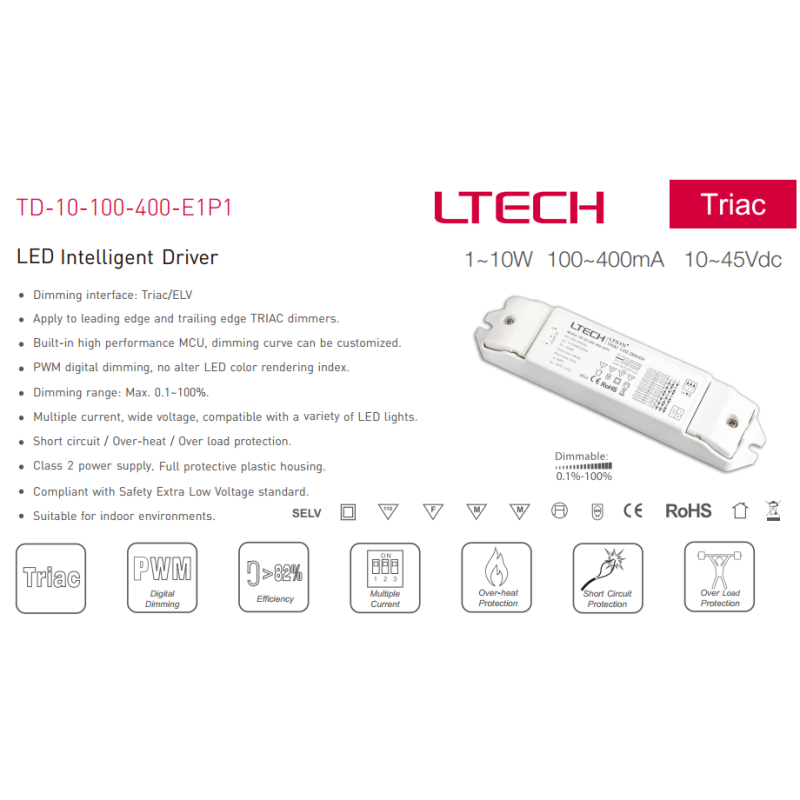 10W CC Triac Driver LTECH Dimmer driver TD-10-100-400-E1P1