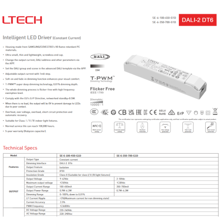 SE-6-350-700-G1D 6W 350-700mA CC DALI-2 Driver Ltech